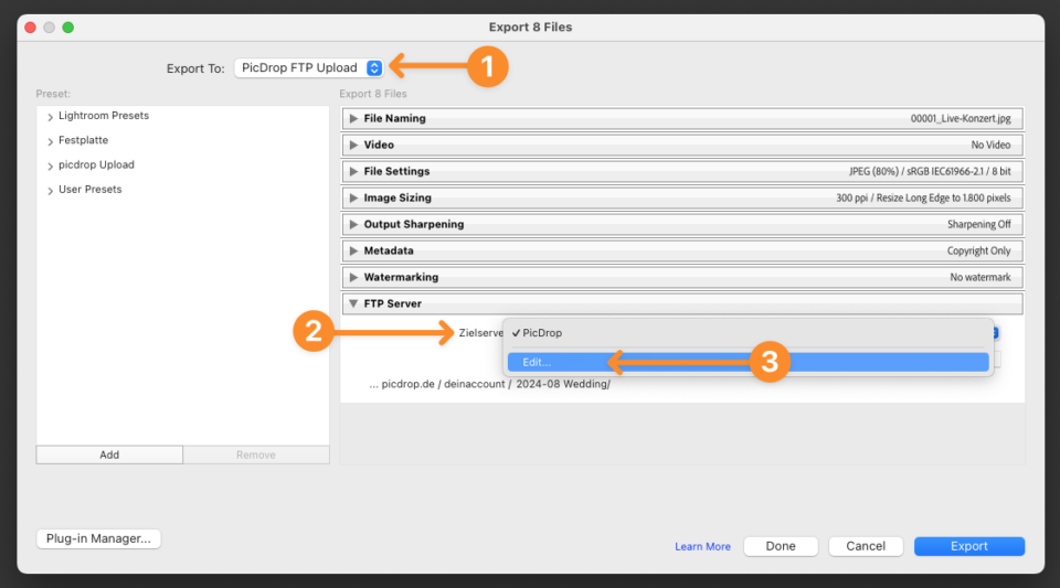 How do I change my Lightroom plugin to ftp.picdrop.com? | picdrop